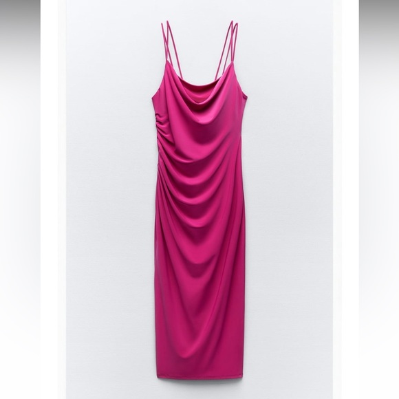 Zara | Dresses | Nwt Zara Fuschia Dress With Draped Neckline Runs Large ...